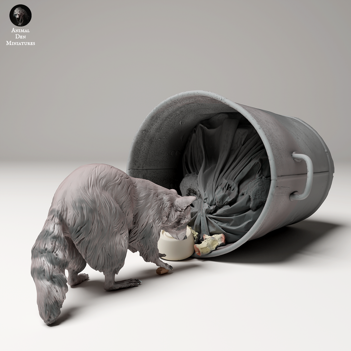 3D Printable Common Raccoon Digging Through Trash by Animal Den Miniatures
