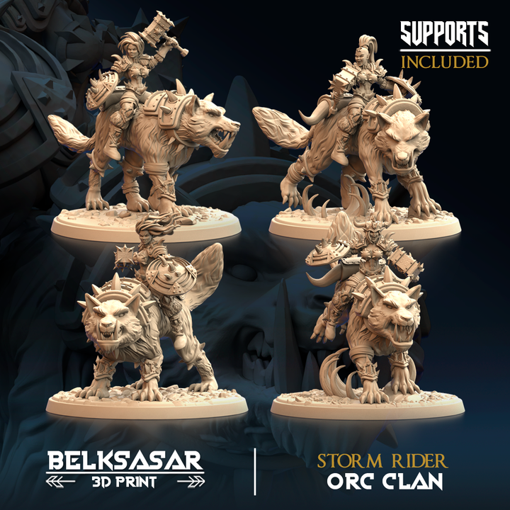 3D Printable Orc and Wolf - Storm Rider Set x4 by Belksasar