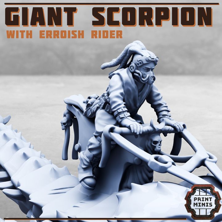 3D Printable Giant Scorpion with Erroish Tribe Rider by Print Minis