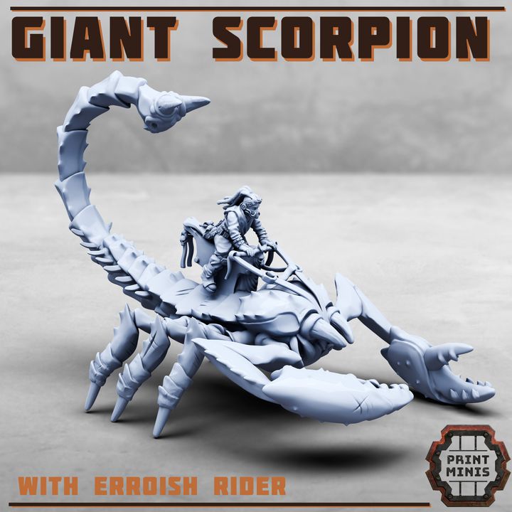 3D Printable Giant Scorpion with Erroish Tribe Rider by Print Minis