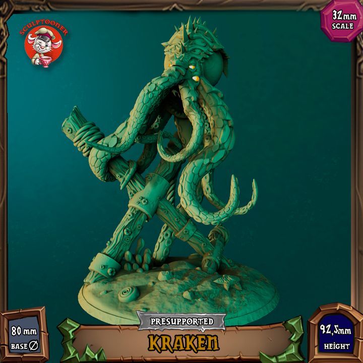 3D Printable Kraken - 32mm scale pre-supported miniature by SCULPTOONER