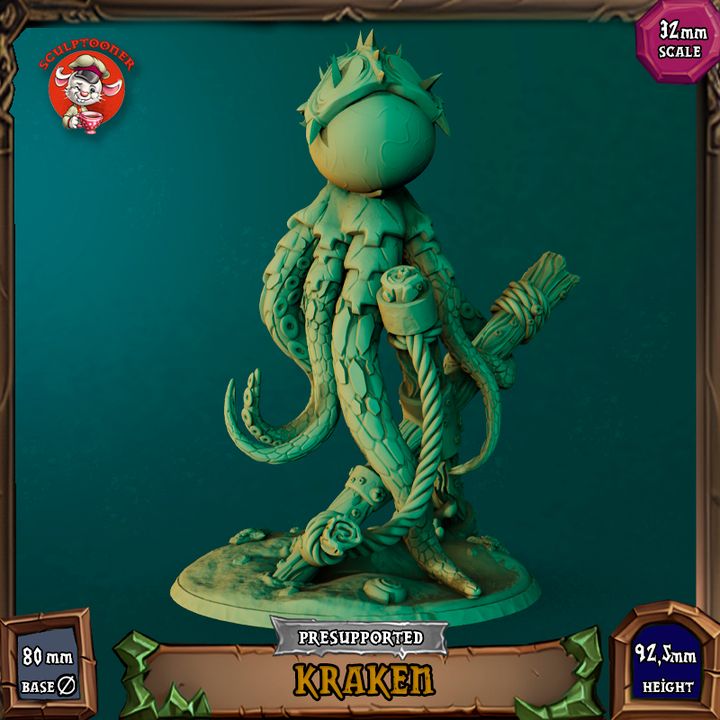 3D Printable Kraken - 32mm scale pre-supported miniature by SCULPTOONER
