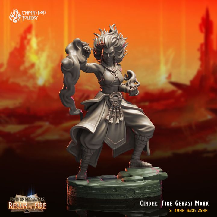 3D Printable Cinder, Fire Genasi Monk by Crippled God Foundry