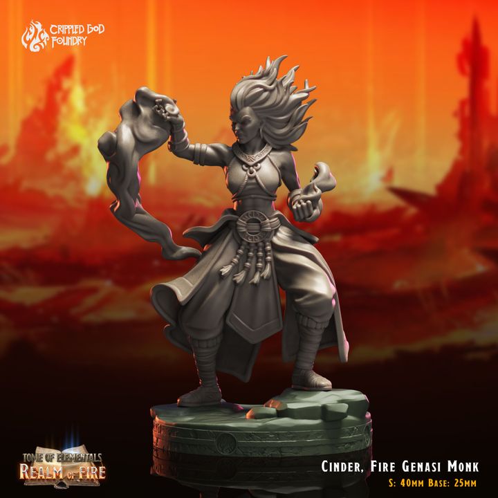 3D Printable Cinder, Fire Genasi Monk by Crippled God Foundry