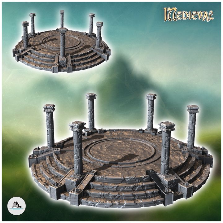 3D Printable Stone altar on platform with columns and stair treads (37 ...