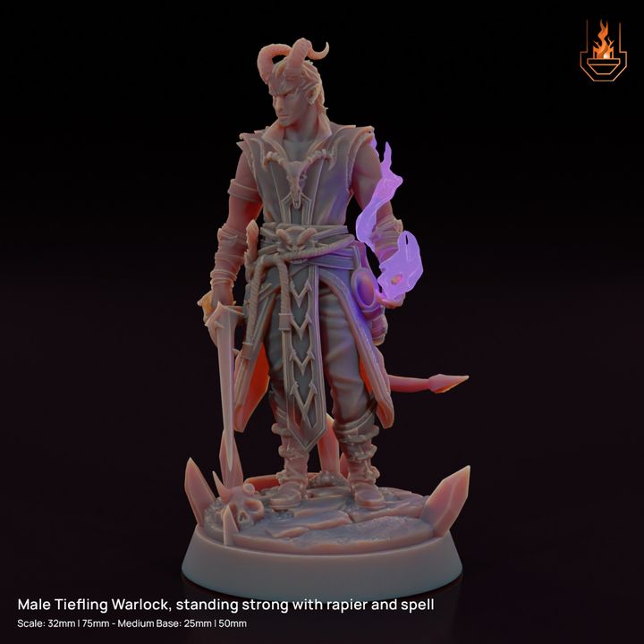 3D Printable Male Tiefling Warlock with rapier and spell [Supported] by Magnetic Foundry