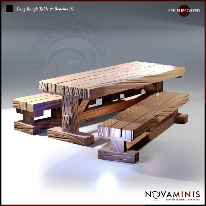 3D Printable Long Rough Table and Benches 01 by NOVAMINIS