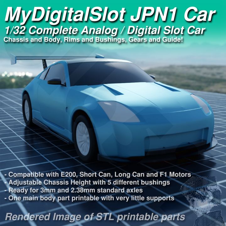 3D Printable MyDigitalSlot JPN1 Car, 1/32 Complete Analog / Digital Slot Car by Dlb Five