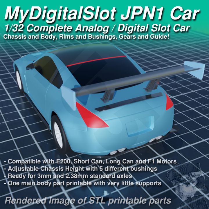 3D Printable MyDigitalSlot JPN1 Car, 1/32 Complete Analog / Digital Slot Car by Dlb Five