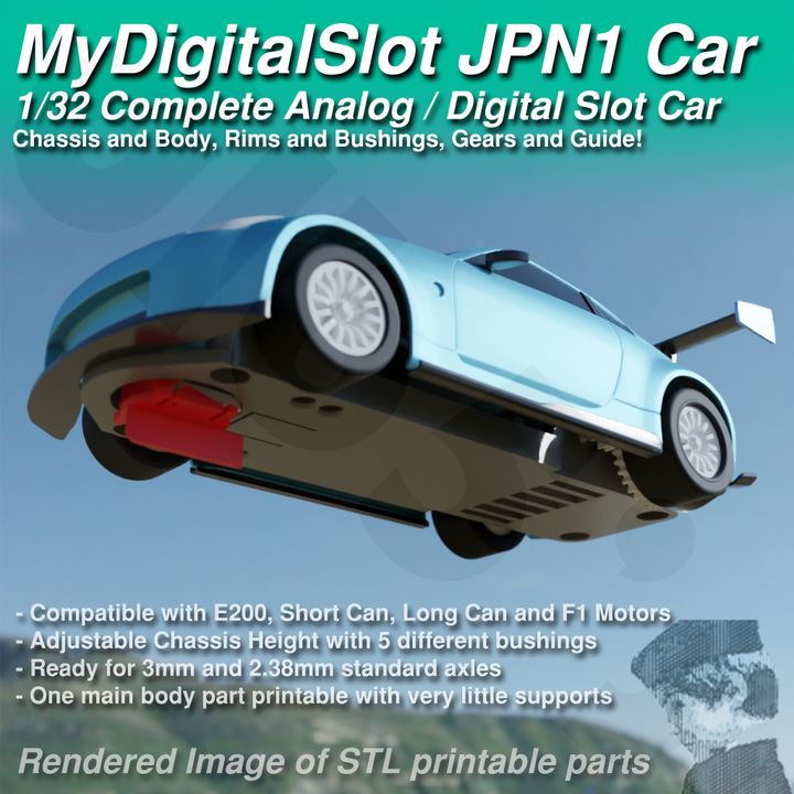 3D Printable MyDigitalSlot JPN1 Car, 1/32 Complete Analog / Digital Slot Car by Dlb Five