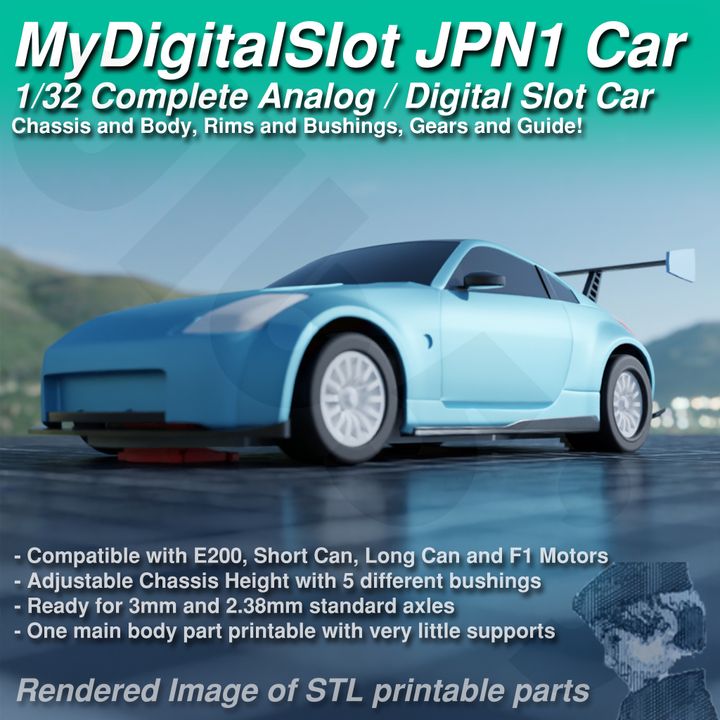3D Printable MyDigitalSlot JPN1 Car, 1/32 Complete Analog / Digital Slot Car by Dlb Five