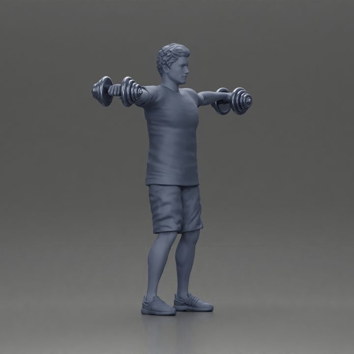 3D Printable Man in the gym performing shoulder exercises with weights ...