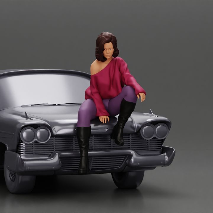 3D Printable lowrider girl sitting on a car, wearing boots and a ...