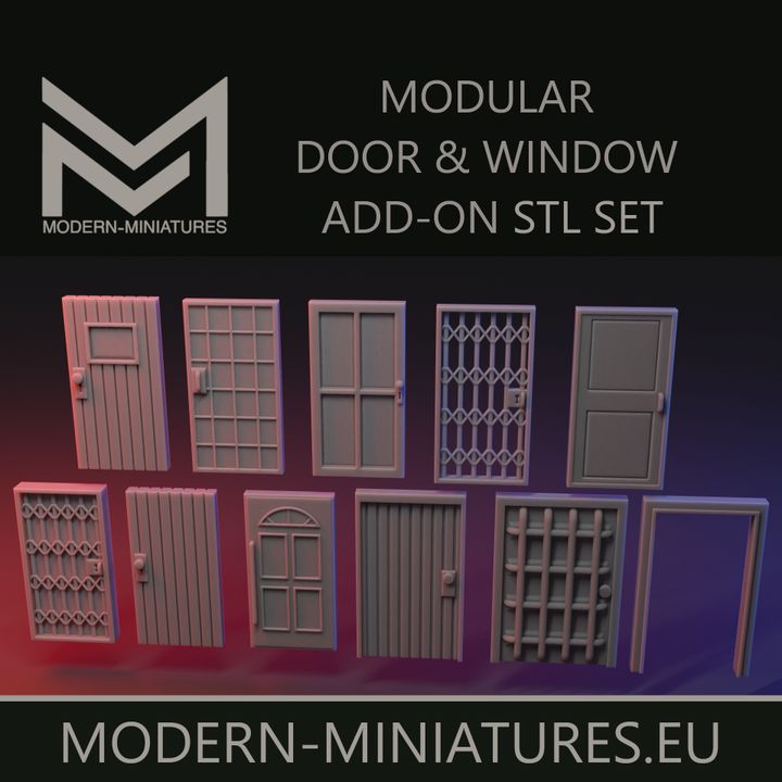 3D Printable Modular door and window add-on set. Perfect for kitbash by Modern-Miniatures.eu