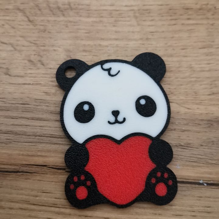 3D Printable Cute multicolor panda with a heart keychain by BT3D&DeusCat