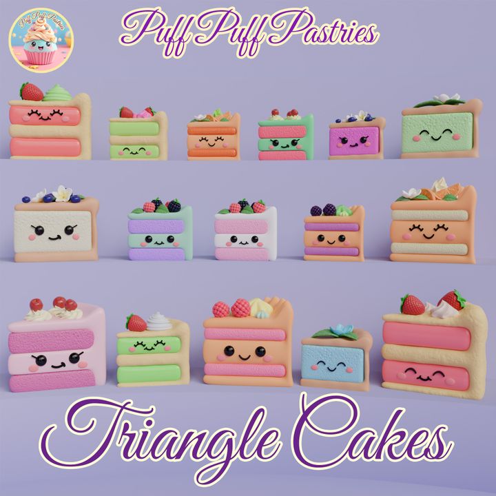 3D Printable Kawaii Triangle Cakes Family by Puff Puff Pastries