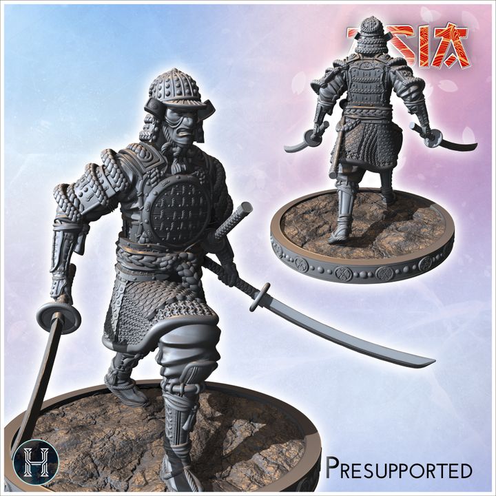 3D Printable Dual-wielding samurai warrior in combat stance with two ...