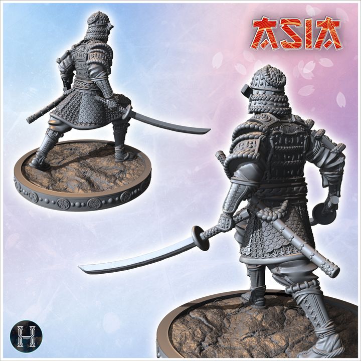 3D Printable Dual-wielding samurai warrior in combat stance with two ...