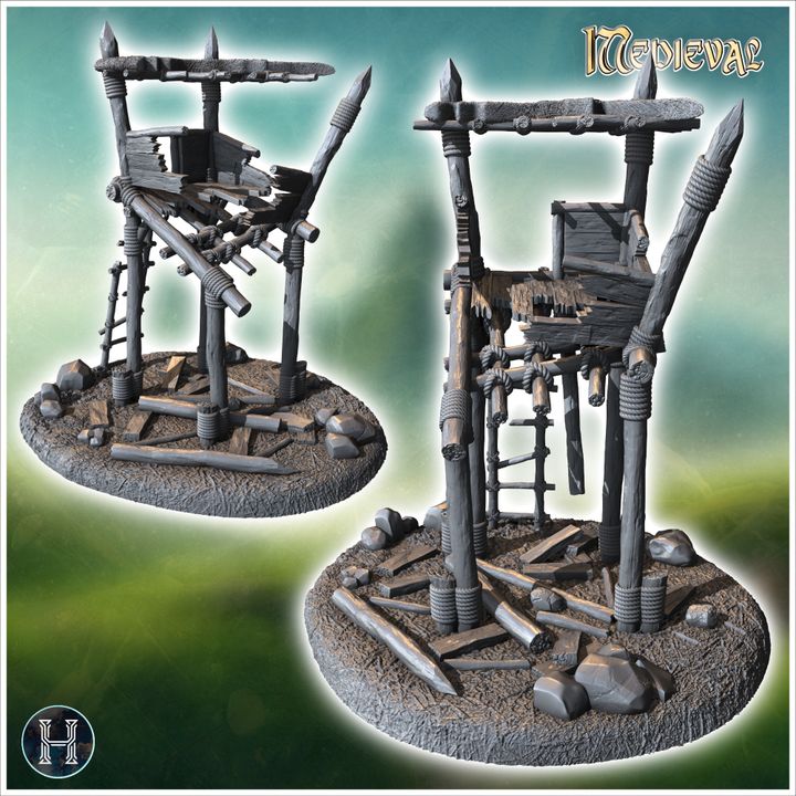 3D Printable Wooden lookout platform supported by logs with a rope ...