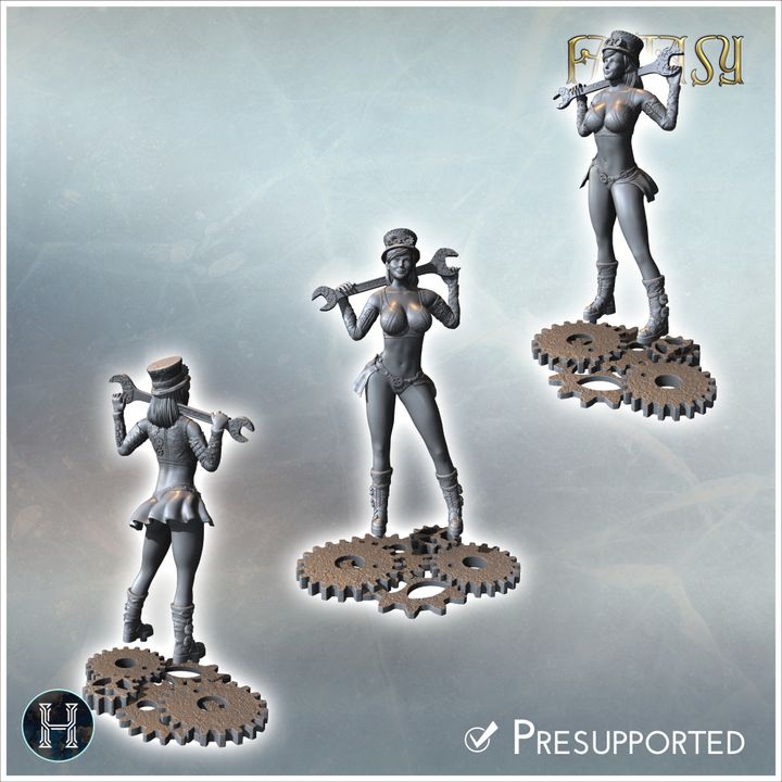 3D Printable Female character holding a large wrench over her shoulders ...