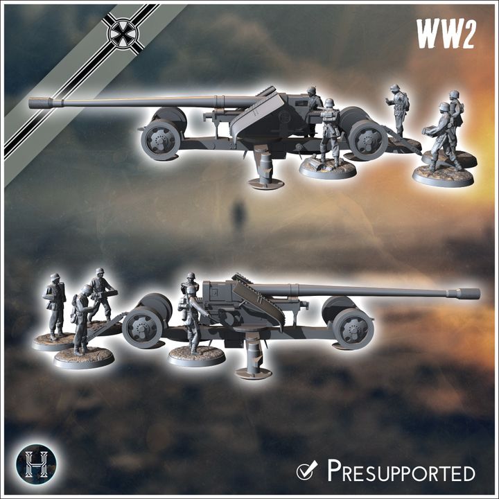 3D Printable 128 mm Pak 44 81/3 (Krupp) anti-tank gun (with 5 crews ...
