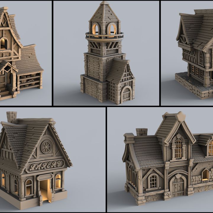 3D Printable x5 Medival buildings - part 2 by Tales of Damocles