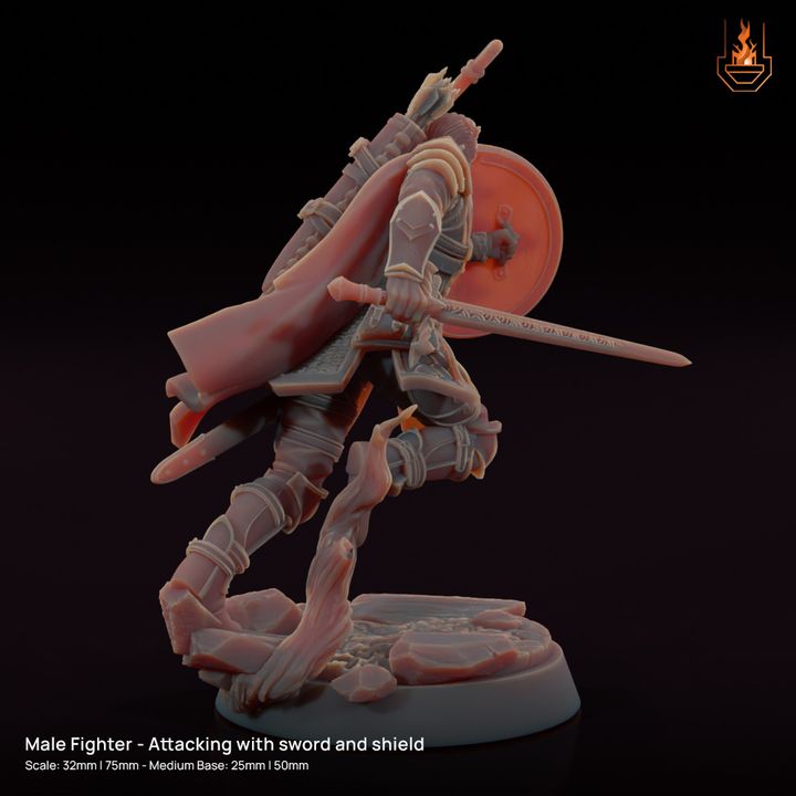 3D Printable Human Male Fighter - Attacking with sword and shield ...
