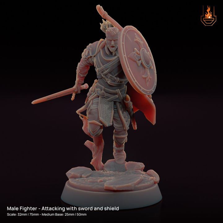 3D Printable Human Male Fighter - Attacking with sword and shield ...