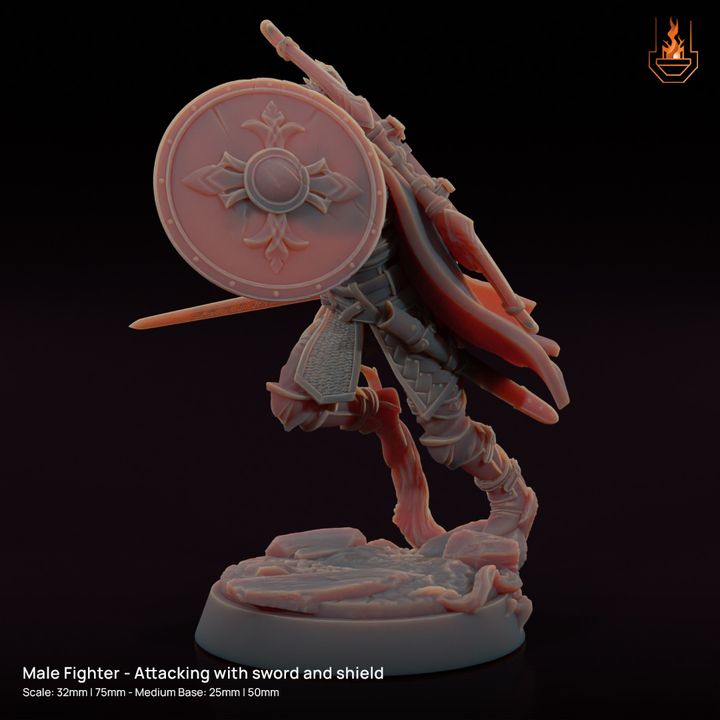 3D Printable Human Male Fighter - Attacking with sword and shield ...