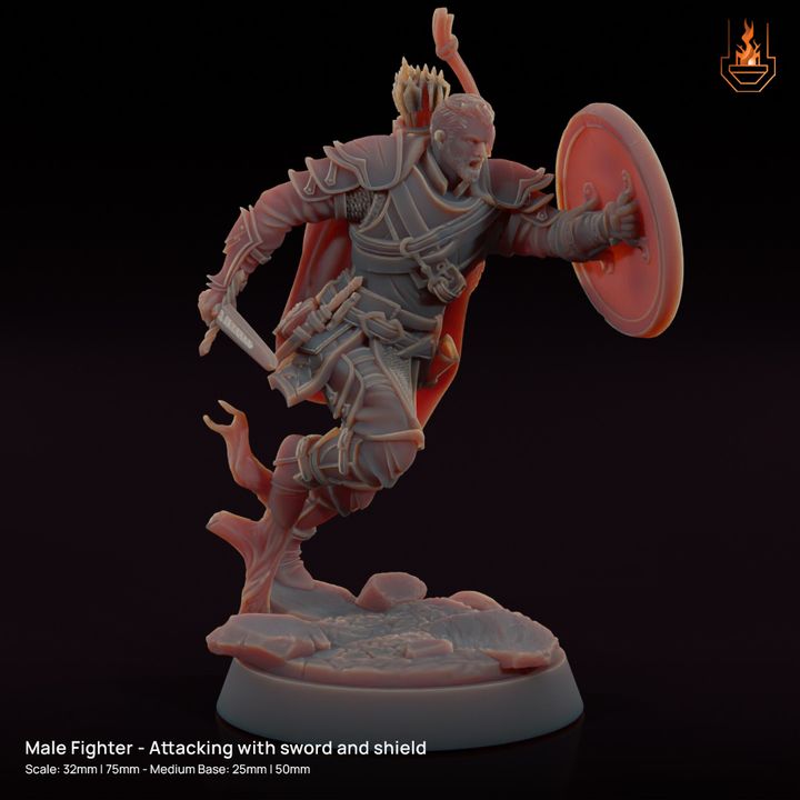 3D Printable Human Male Fighter - Attacking with sword and shield ...