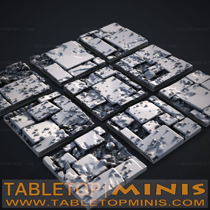 3D Printable Broken Tile 25mmx25mm Square Base Toppers by TableTopMinis