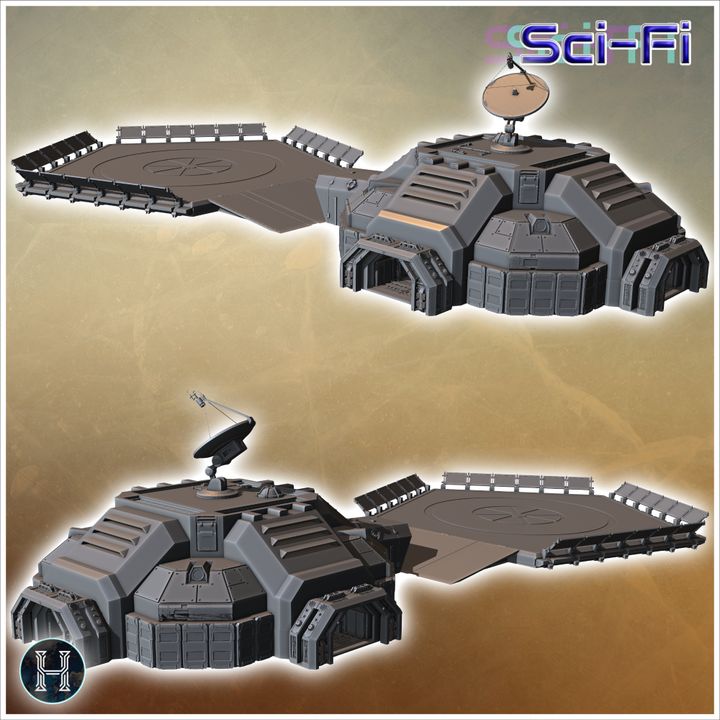 3D Printable Command center with adjacent large helipad featuring technical equipment and ...