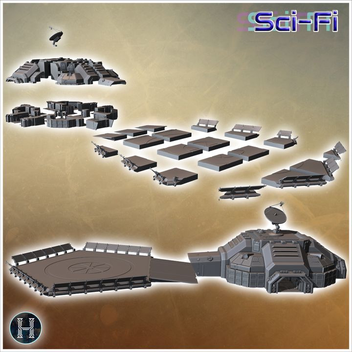 3D Printable Command center with adjacent large helipad featuring technical equipment and ...