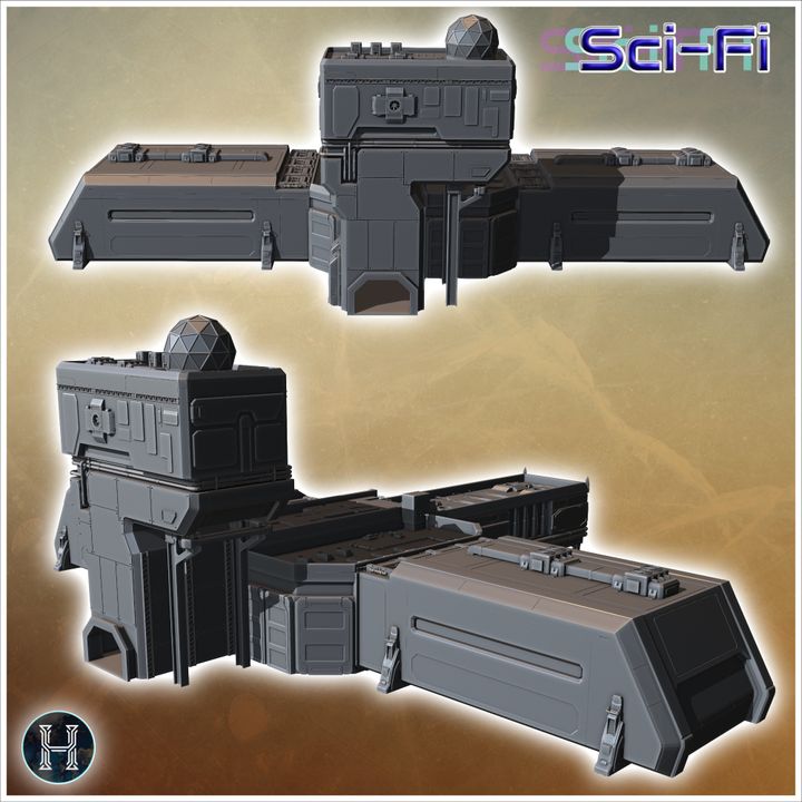 3D Printable Modular building structure with central tower and extended ...