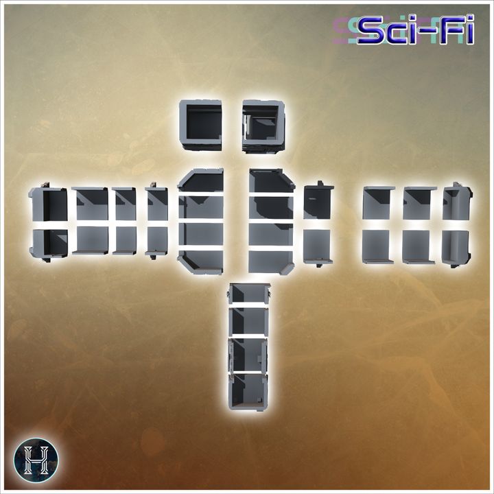 3D Printable Modular building structure with central tower and extended ...