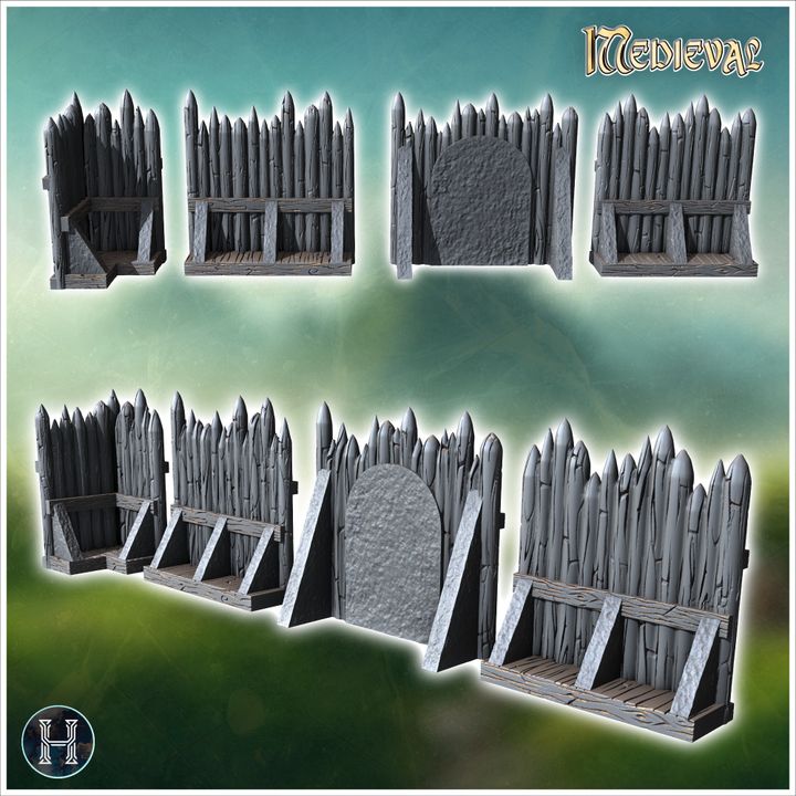 3D Printable Tall wooden palisade with pointed stakes and an integrated ...