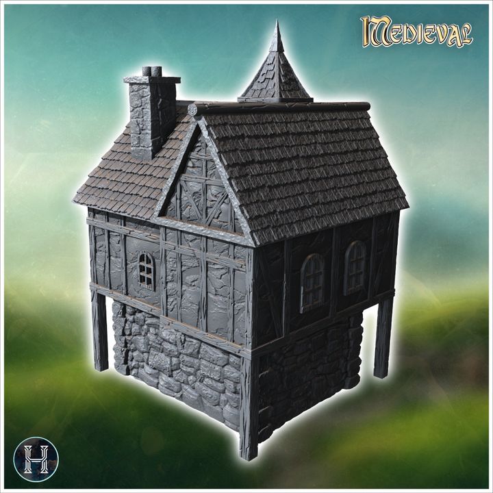3D Printable Large two-story medieval house with detailed stone ...