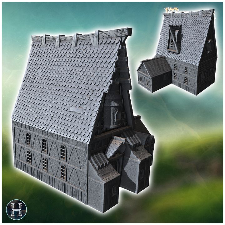 3D Printable Large timber-framed house with a triangular roof, dormer ...