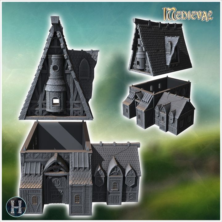 3D Printable Large timber-framed house with a triangular roof, dormer ...