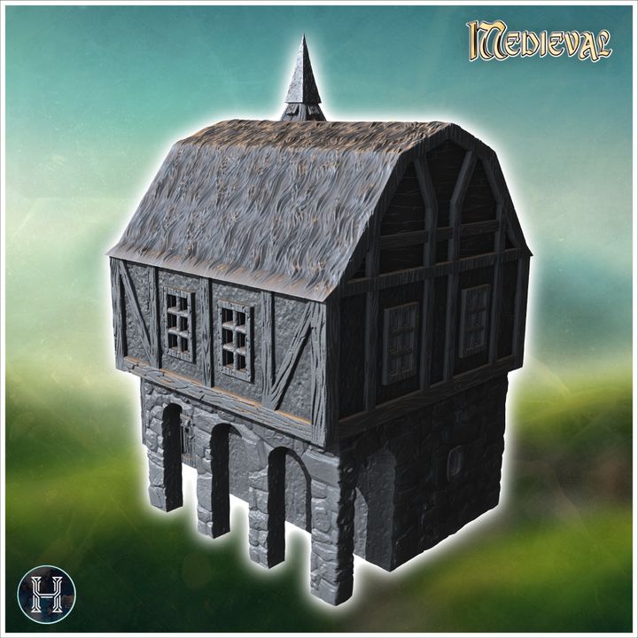 3D Printable Large wooden structure with a tall tower, barn-like roof ...