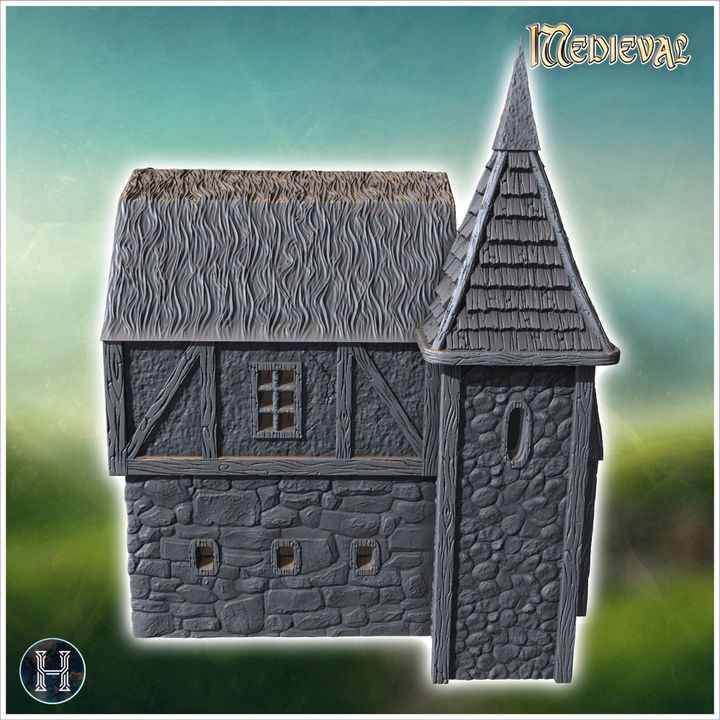 3D Printable Large wooden structure with a tall tower, barn-like roof ...