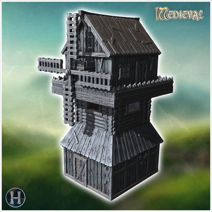 3D Printable Tall wooden windmill with large blades, a sloped roof, and ...