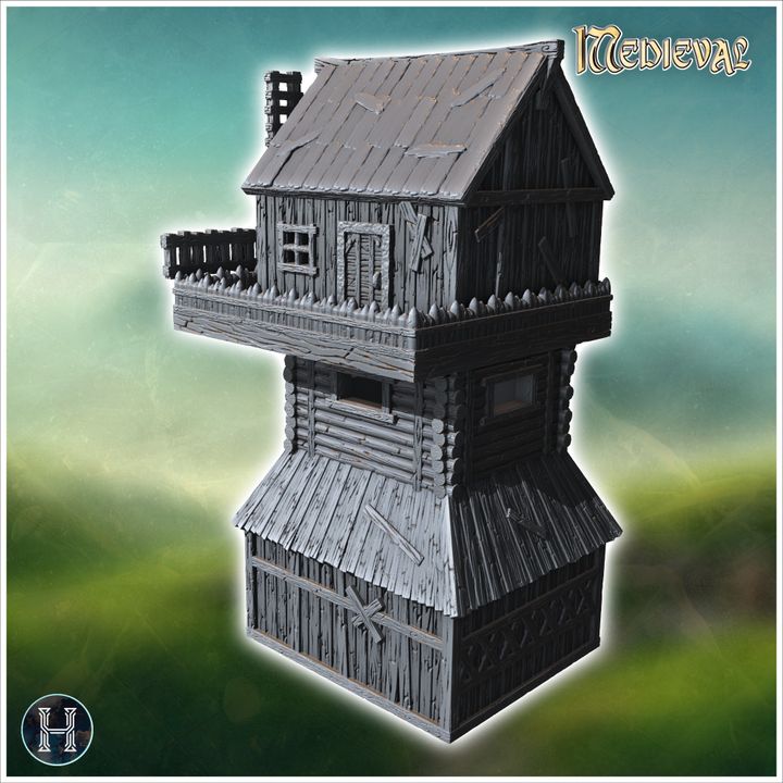 3D Printable Tall wooden windmill with large blades, a sloped roof, and ...