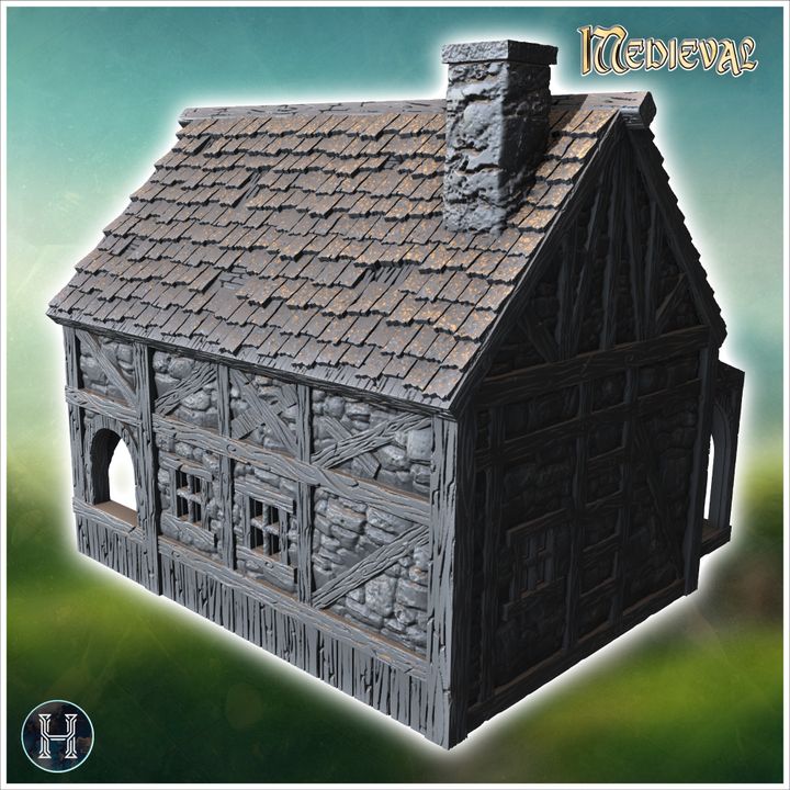 3D Printable Half-timbered house with a steep roof, wooden framework ...