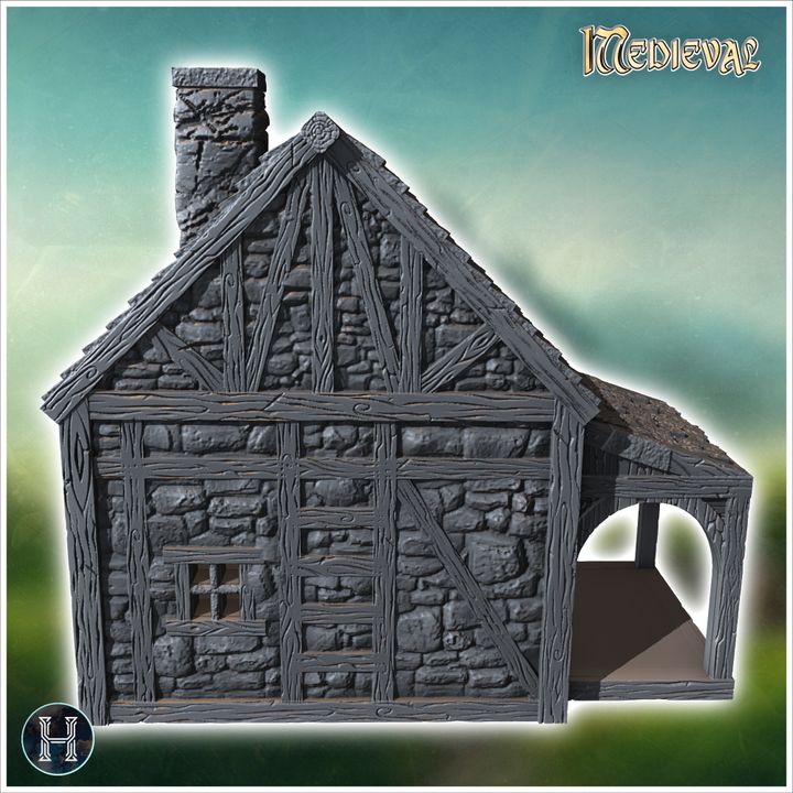 3D Printable Half-timbered house with a steep roof, wooden framework ...