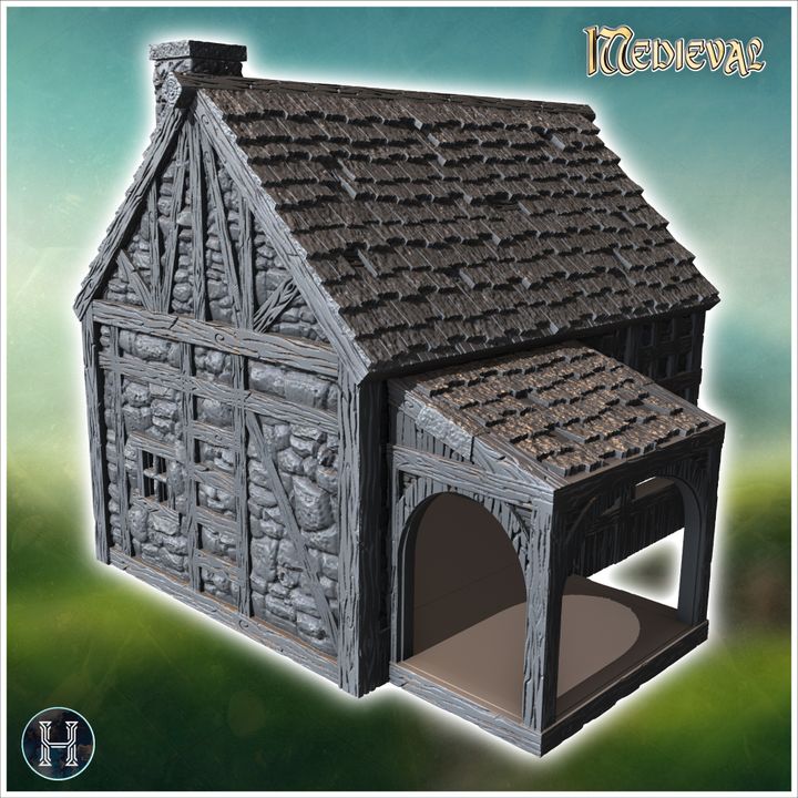 3D Printable Half-timbered house with a steep roof, wooden framework ...