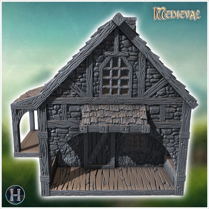 3D Printable Half-timbered house with a steep roof, wooden framework ...