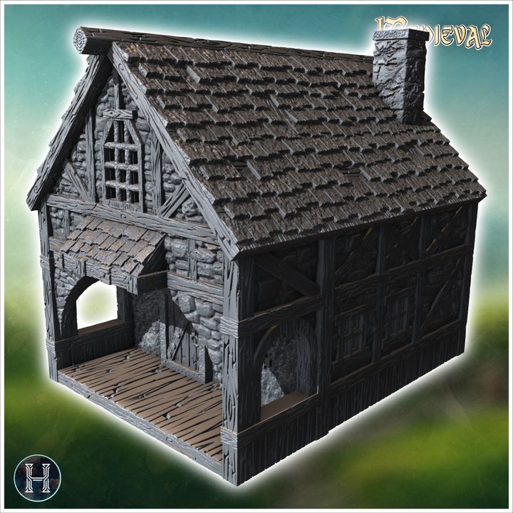 3D Printable Half-timbered house with a steep roof, wooden framework ...