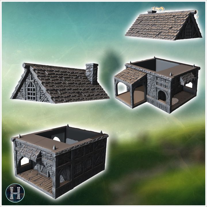 3D Printable Half-timbered house with a steep roof, wooden framework ...
