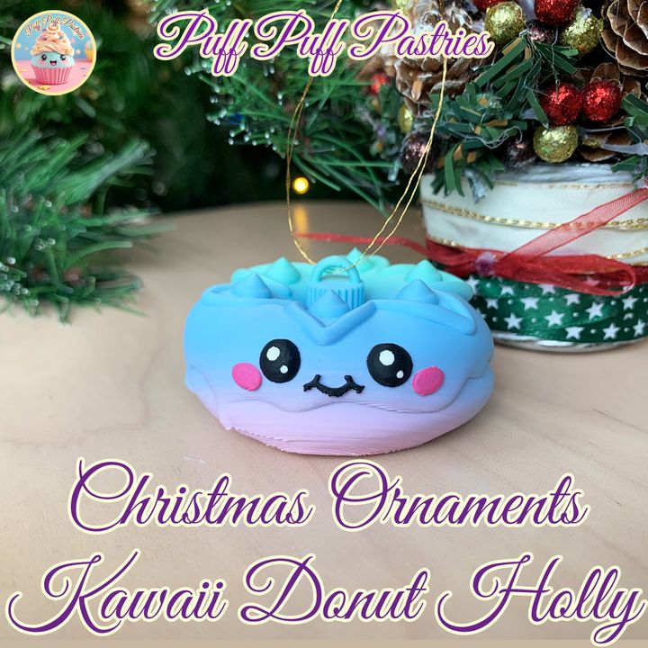 3D Printable Christmas Ornaments Kawaii Donut Holly by Puff Puff Pastries